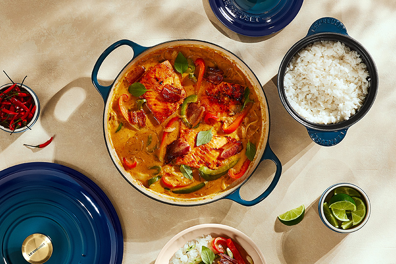 Lemon-Coconut Salmon Curry with Glazed Bacon | Le Creuset